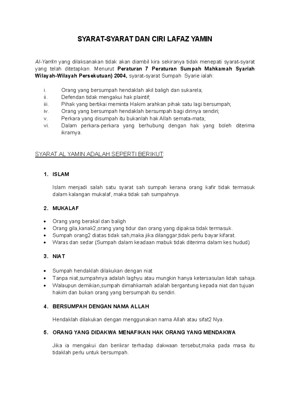 Syarat- Syarat DAN CIRI Lafaz Yamin - SYARAT-SYARAT DAN CIRI LAFAZ YAMIN Al-Yamin yang ...