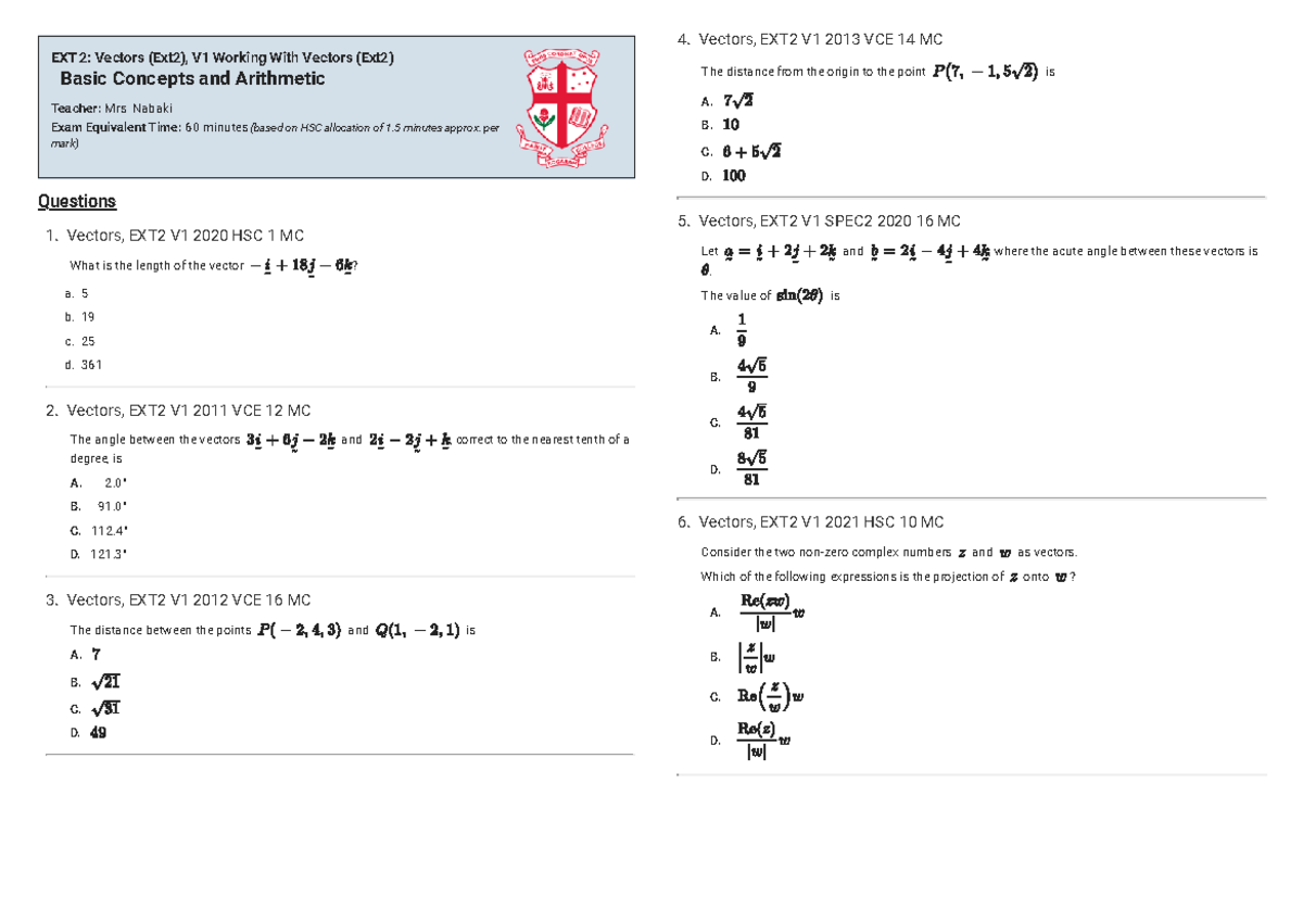1. basic concepts vector HSC revision - 1. Vectors, EXT2 V1 2020 HSC 1 ...