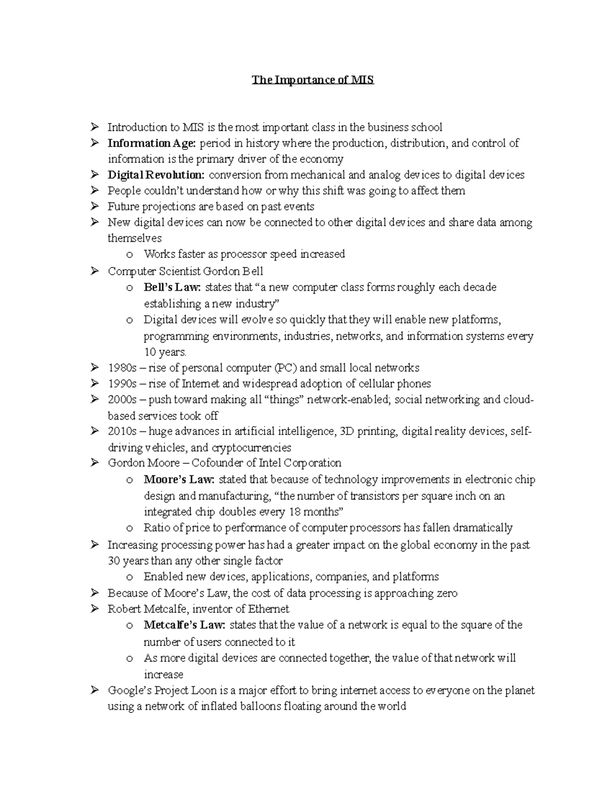 The Importance of MIS Notes - The Importance of MIS Introduction to MIS ...