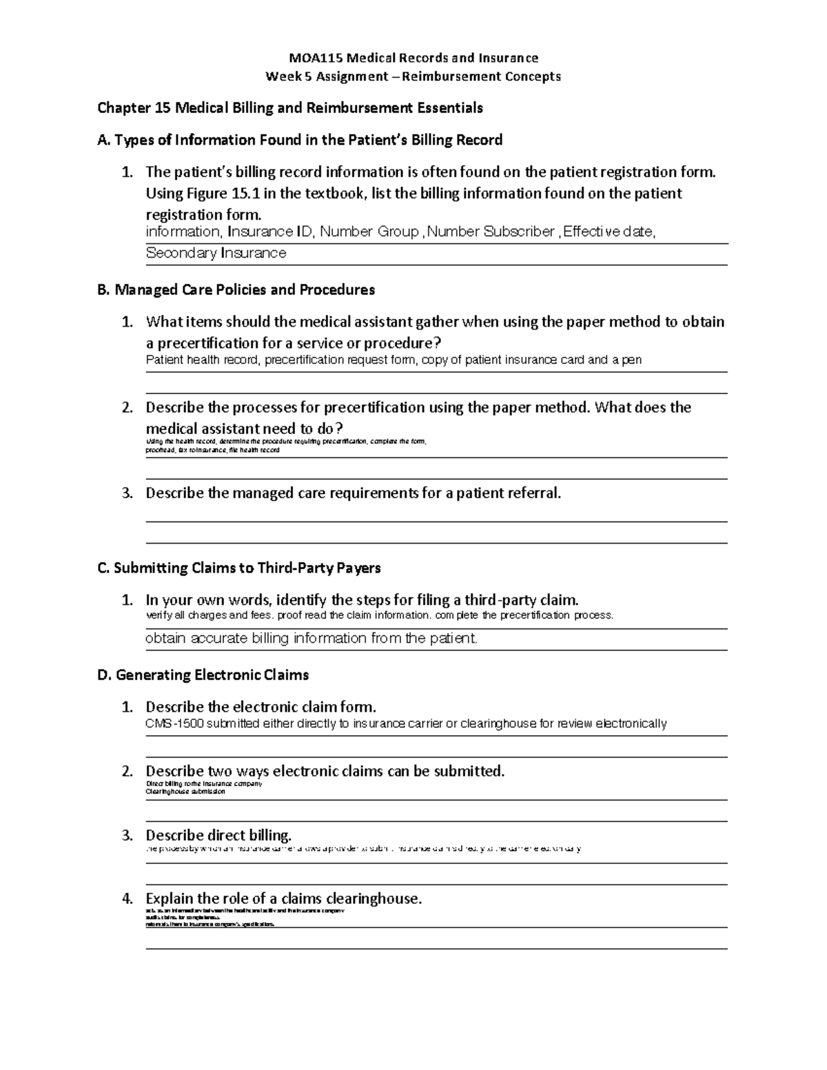 Week 5 Assignment Worksheet - MOA115 Medical Records and Insurance Week ...