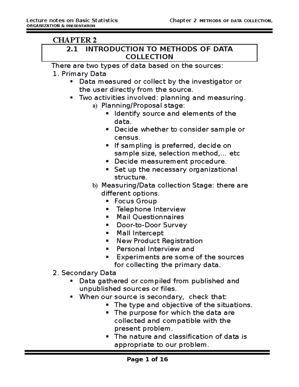 Chapter 2 Methods of Data Collection, Organization and Presentation ...