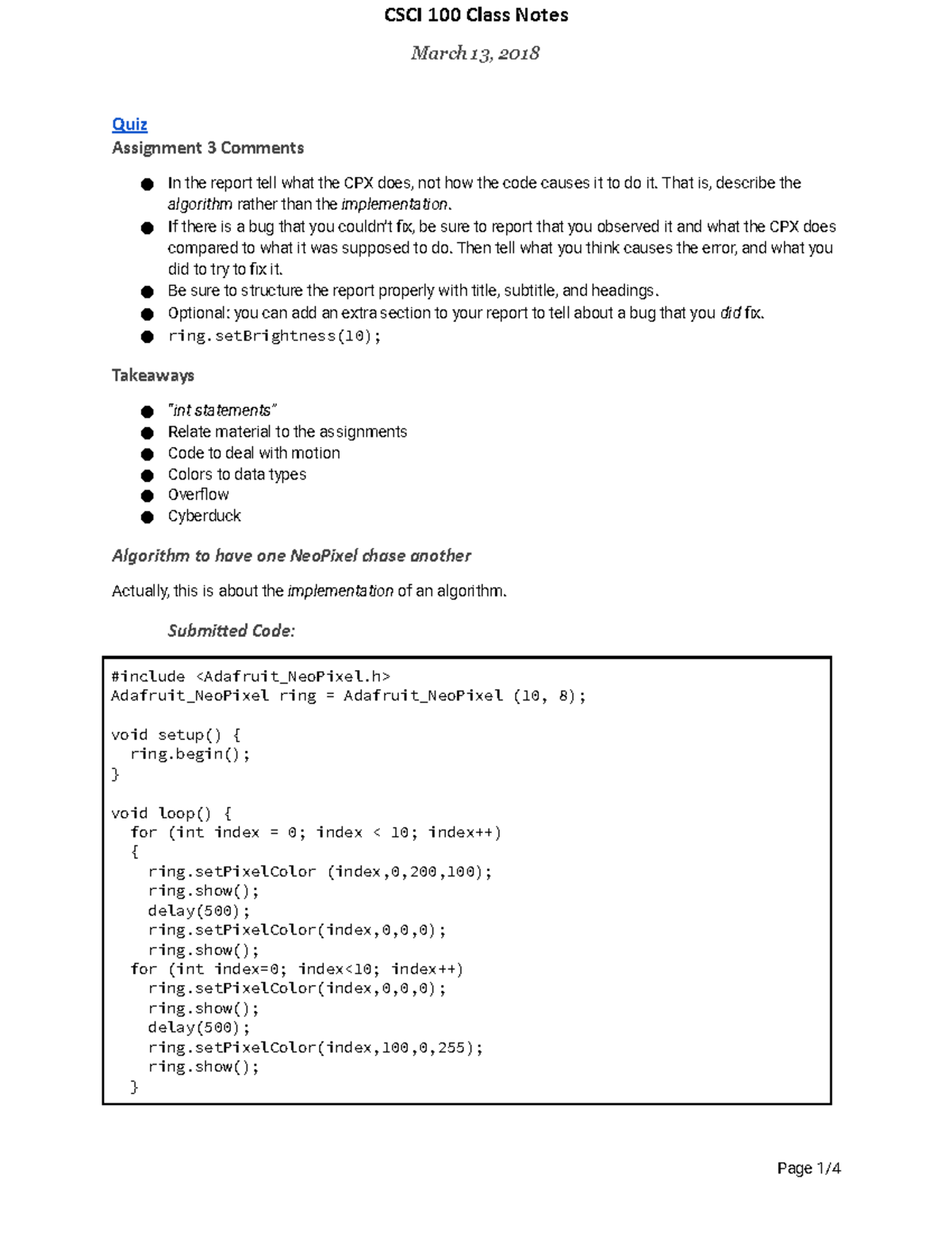 2018-03-13 Class Notes - CSCI 100 Class Notes March 13, 2018 Quiz ...