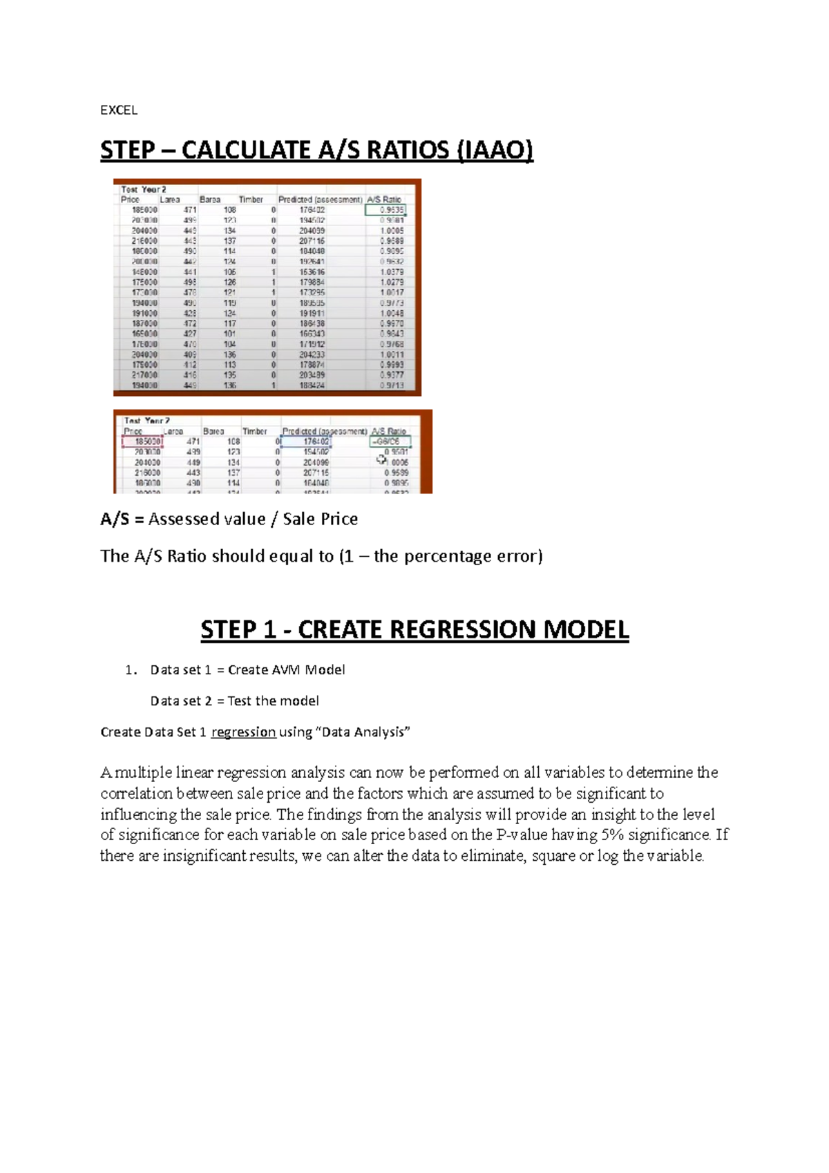 Exam stat val Cheat Sheet Excel - EXCEL STEP CALCULATE RATIOS (IAAO ...
