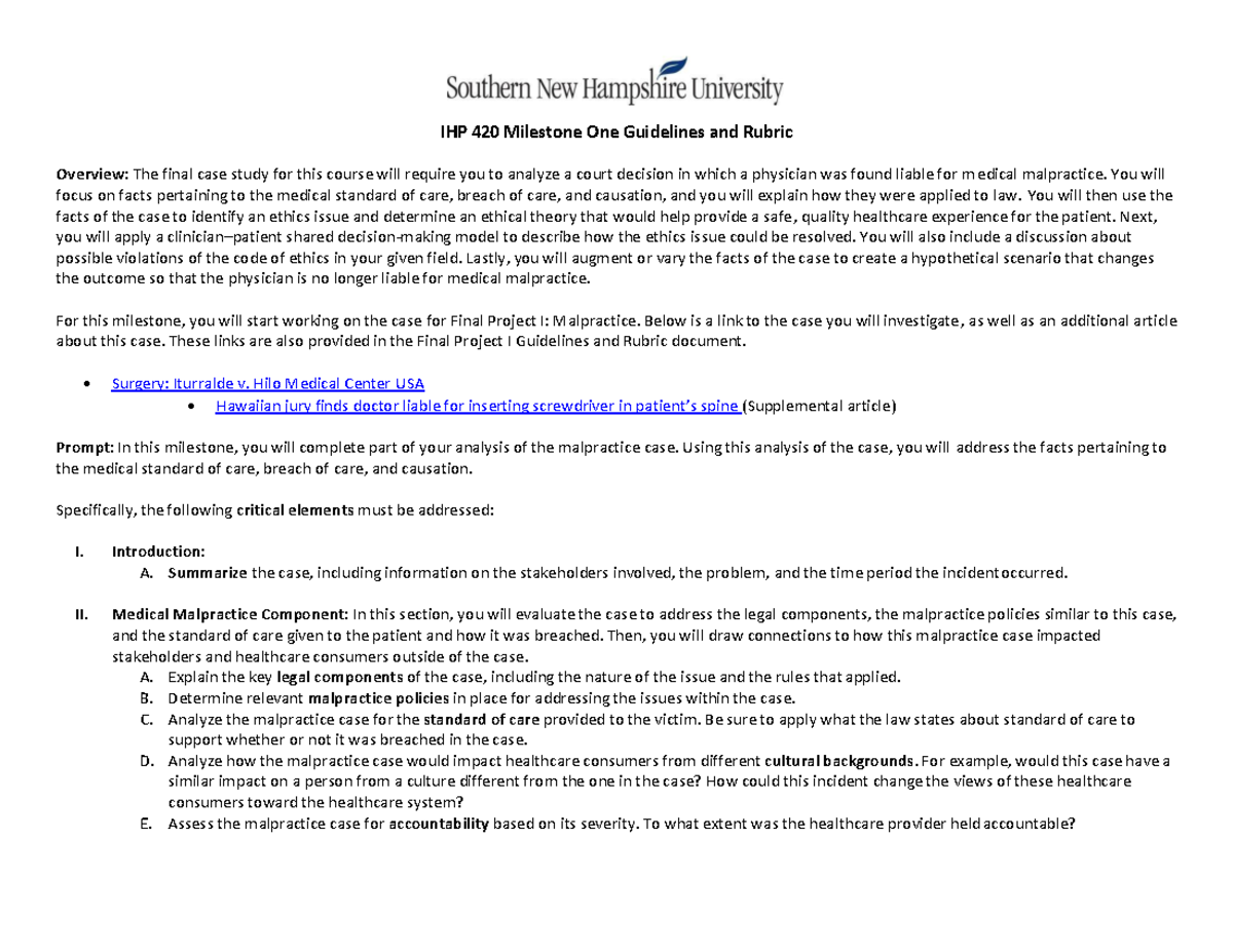 IHP 420 Milestone One Guidelines And Rubric - IHP 420 Milestone One ...