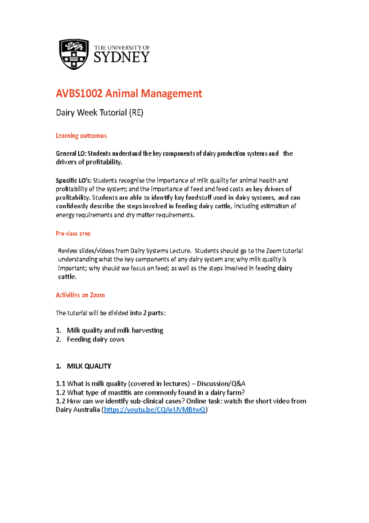 Dairy Week RE Tutorial - AVBS1002 Animal Management Dairy Week Tutorial ...