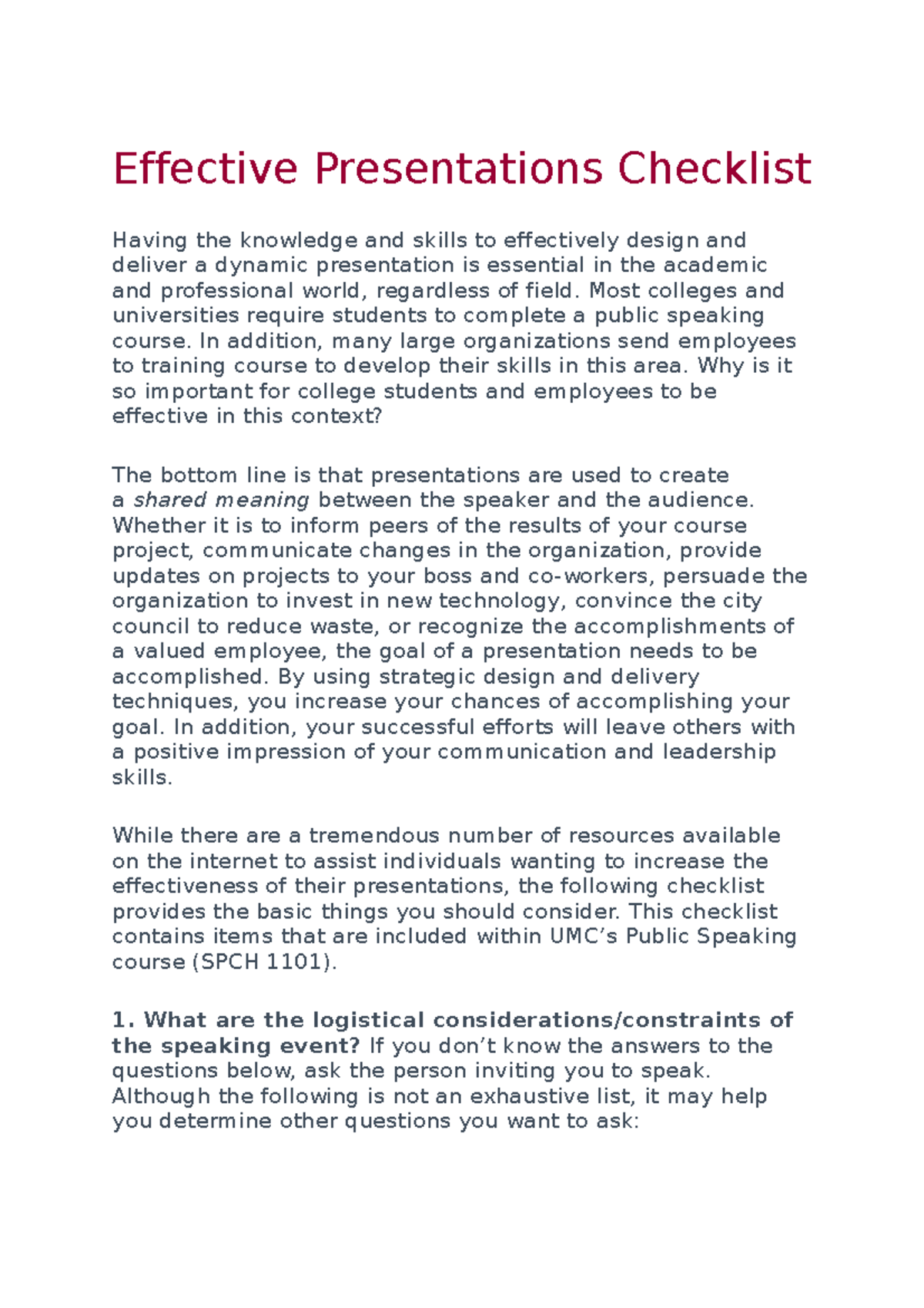 Checklist Effective Presentation - Effective Presentations Checklist ...