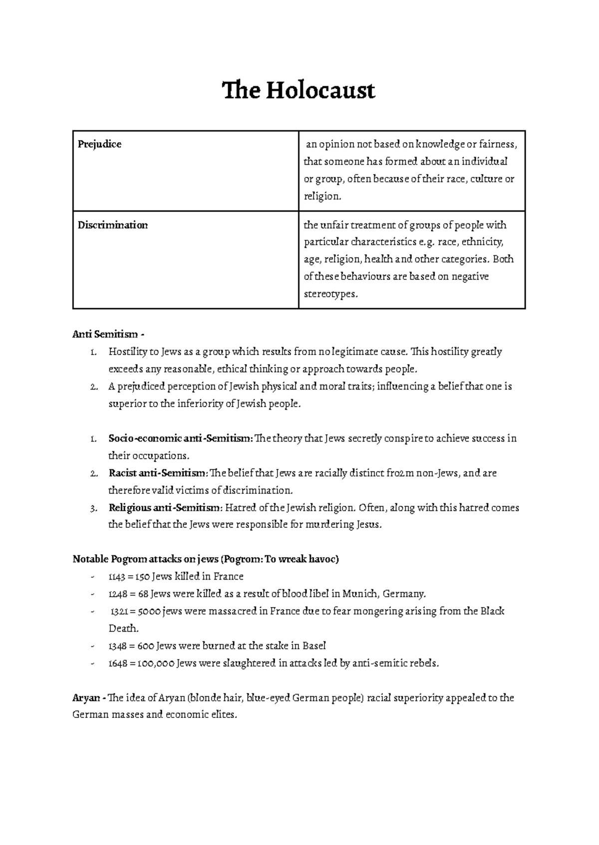 History - The Holocaust Study Notes - e Holocaust Prejudice an opinion ...