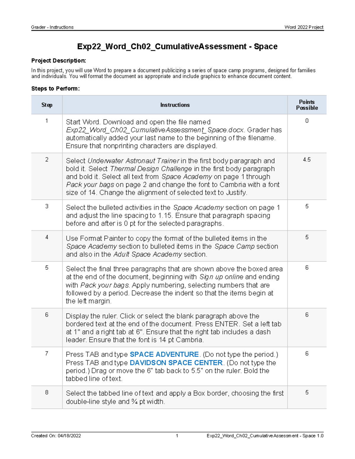 Exp22 Word Ch02 Cumulative Assessment - Space Instructions - Grader - Instructions Word 2022 ...