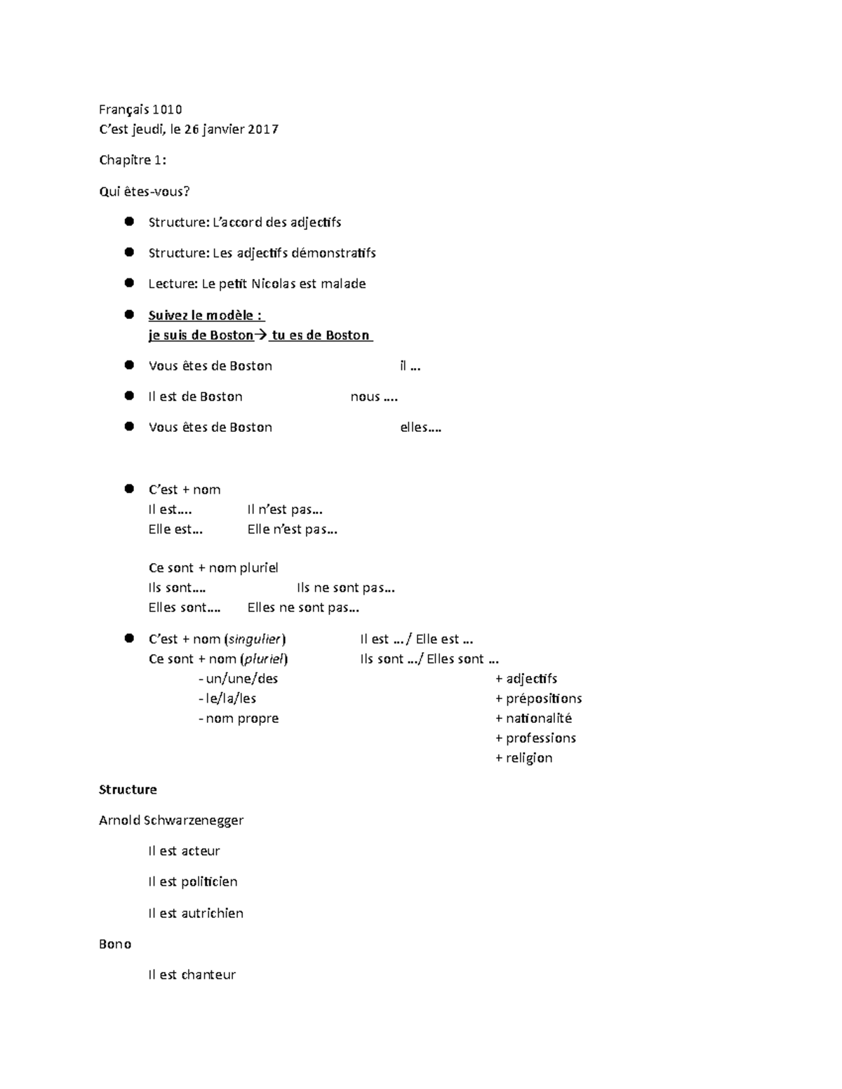 Français 1010 lecture 6 - Français 1010 C’est jeudi, le 26 janvier 2017 ...