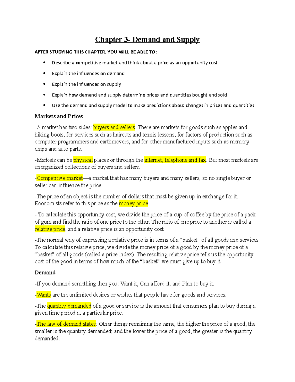 ECON 1050- Chapter 3- Demand and Supply[ 1557] - Chapter 3- Demand and Supply AFTER STUDYING ...