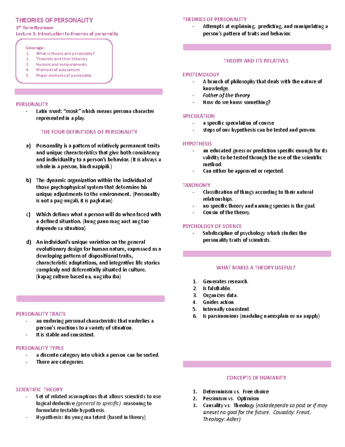 Theories of Personality Midterms - THEORIES OF PERSONALITY 3 rd Term ...