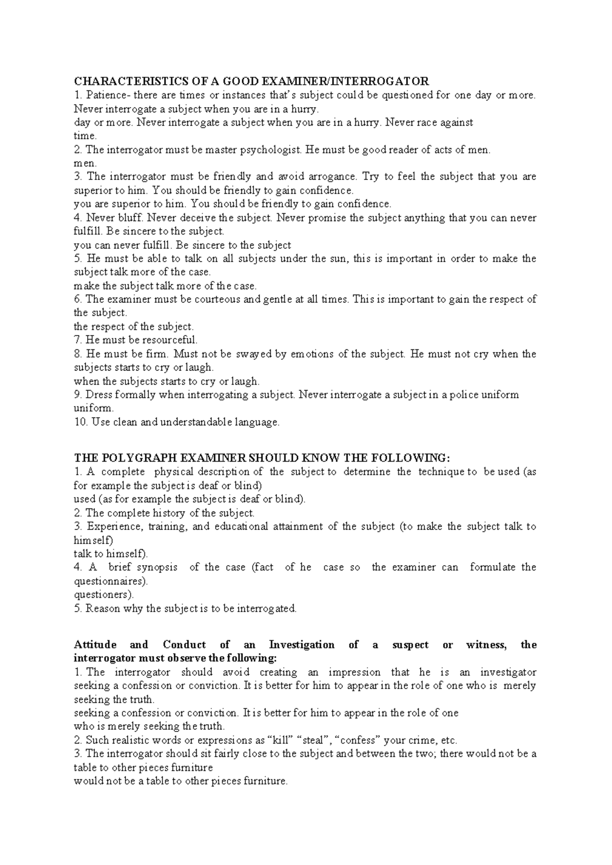 Lie detection techniques - CHARACTERISTICS OF A GOOD EXAMINER ...