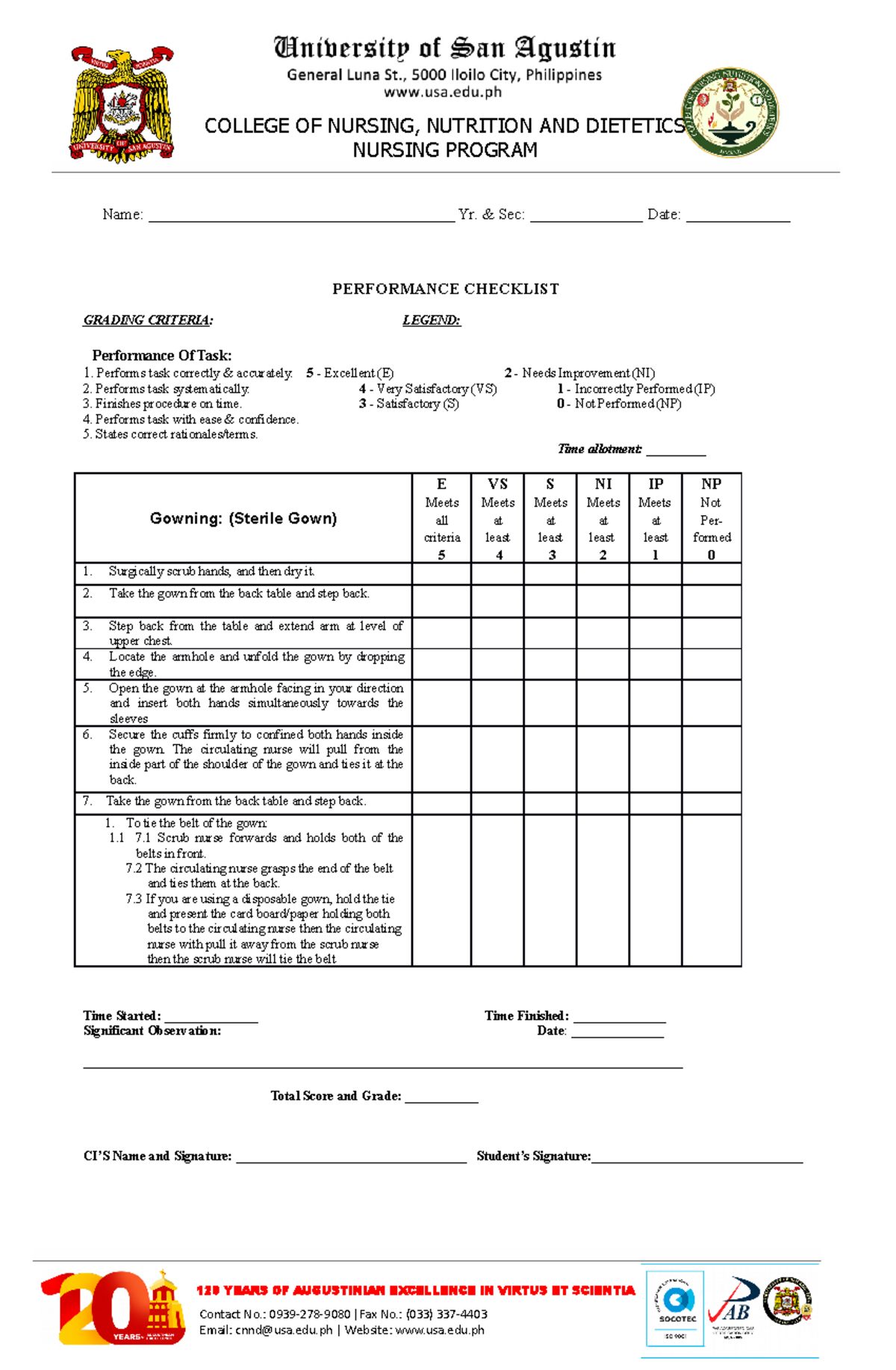 Checklist scrubbing-gowning-gloving - NURSING PROGRAM Name