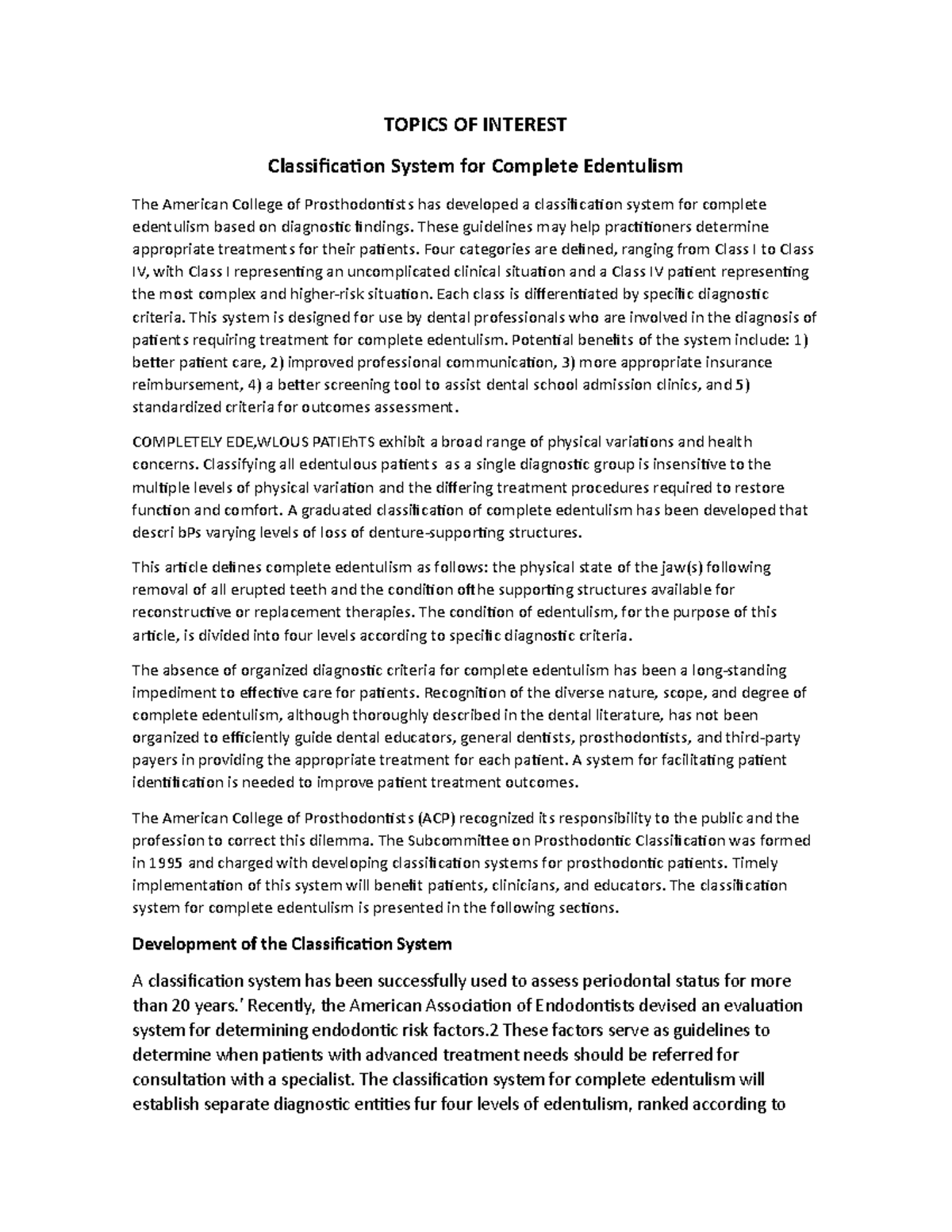 Classification System for Complete Edentulism - TOPICS OF INTEREST ...