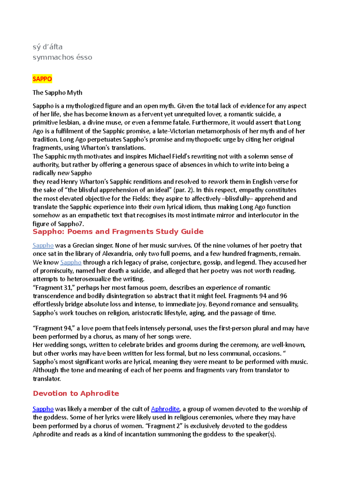 Sappho and Michael Field - sý d’áfta symmachos ésso SAPPO The Sappho ...