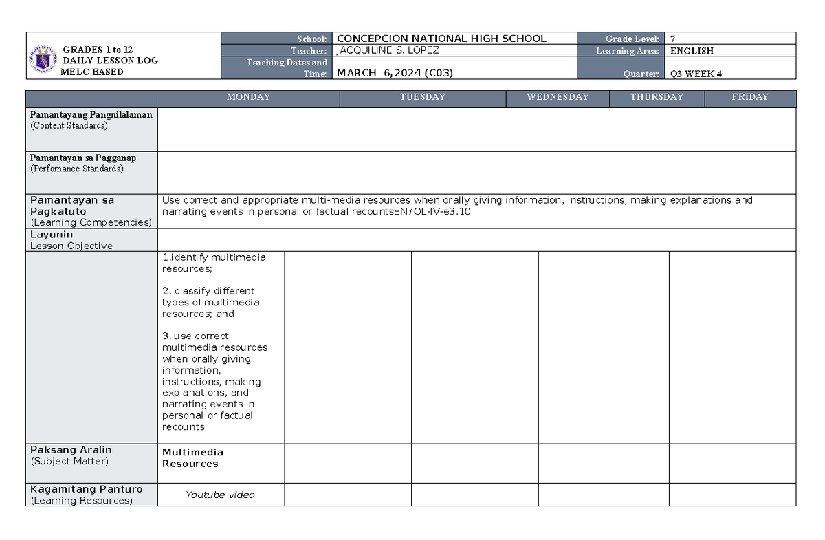 Classroom observation 4 2024 - GRADES 1 to 12 DAILY LESSON LOG MELC ...