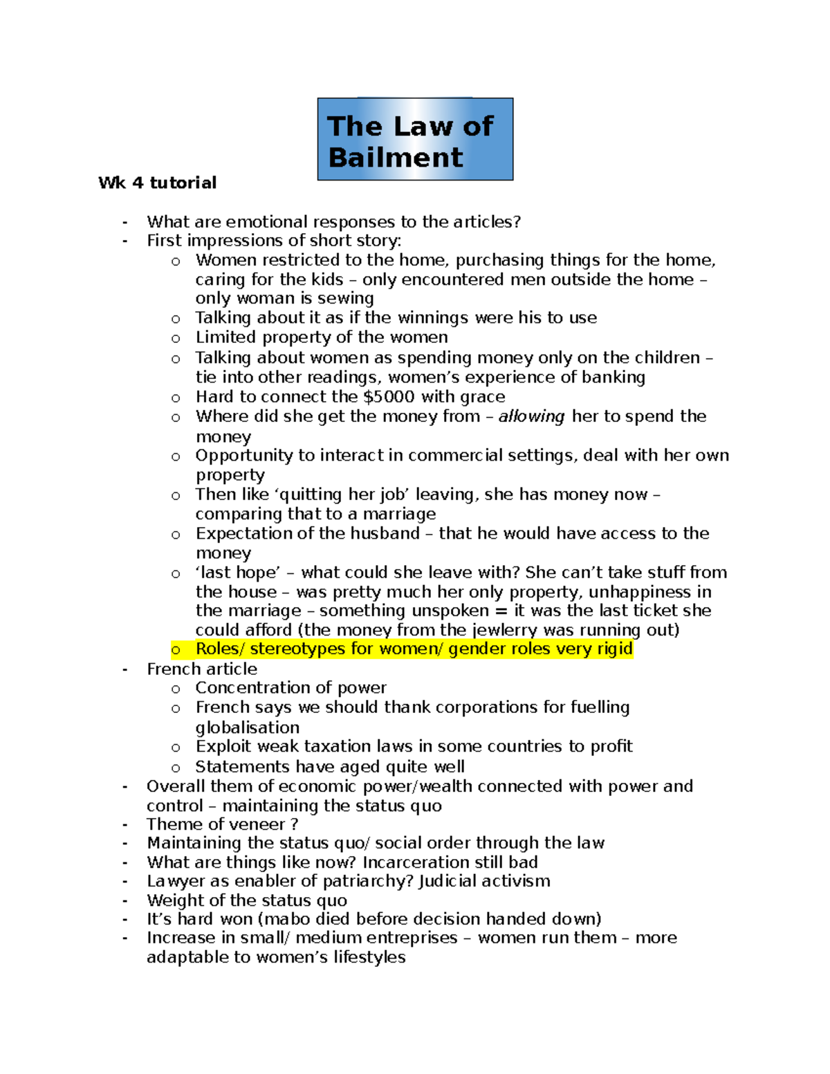 Wk 4 - Law of Bailment notes - Wk 4 tutorial What are emotional ...