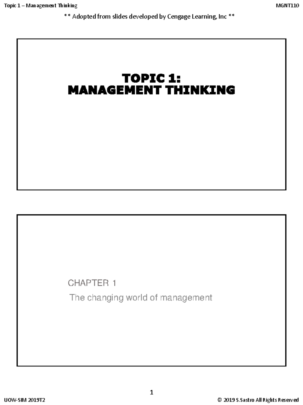 Topic 1 - Management Thinking - Handout - Topic 1 – Management Thinking ...