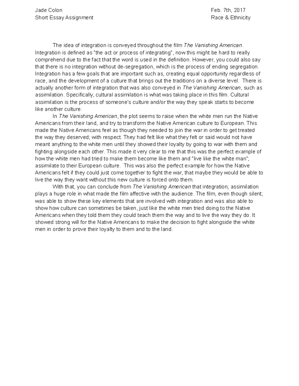 Short Assignment Response online class - Jade Colon Short Essay ...