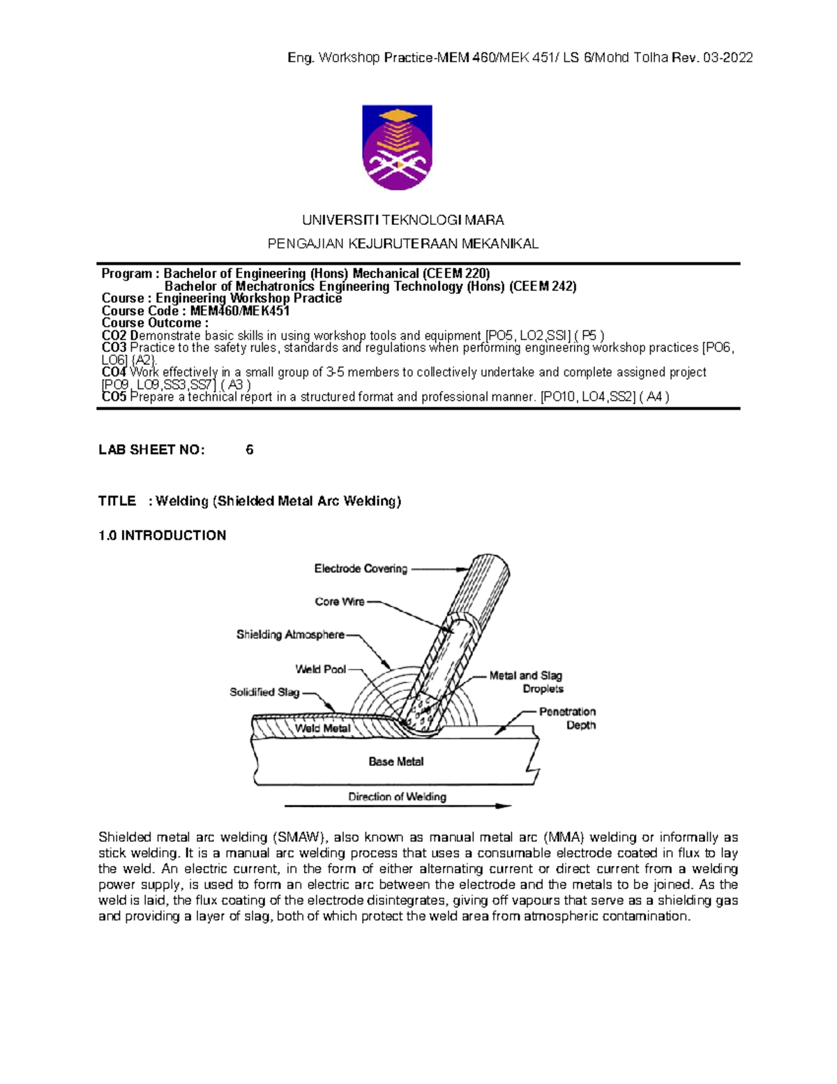 6. Welding lab sheet- Mac-Aug2022 - Eng. Workshop Practice-MEM 460 /MEK ...