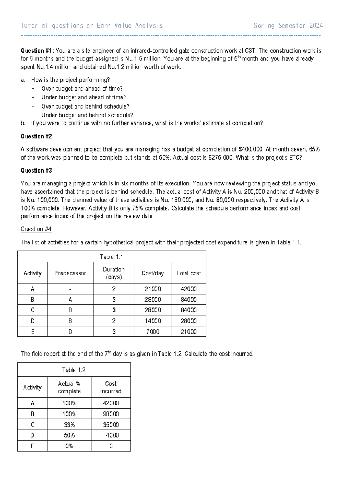 Tutorial questions on EVM - The construction work is for 6 months and ...