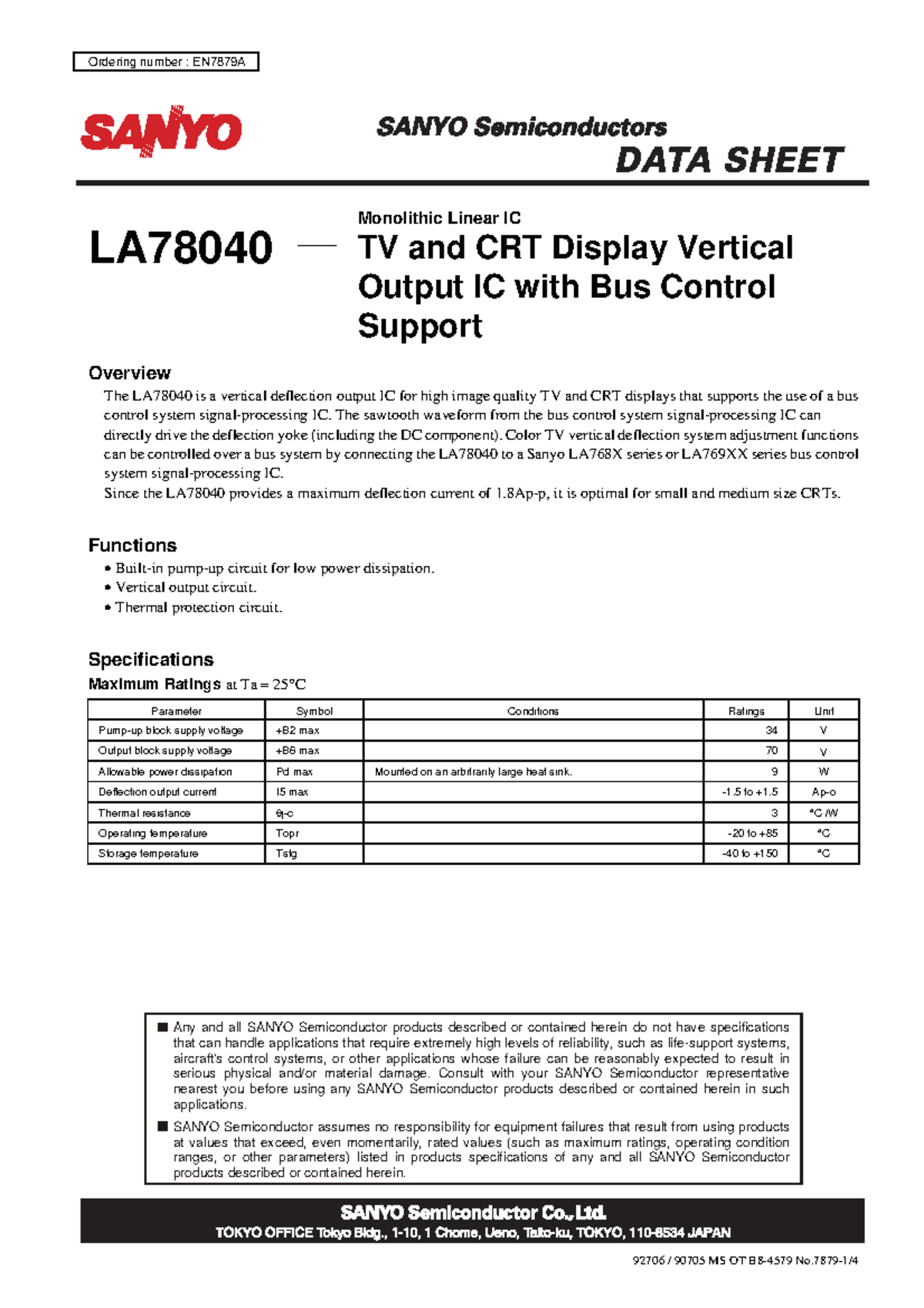 LA78040 - DATA SHEET SANYO LA7840 - 92706 / 90705 MS OT B8-4579 No-1 ...