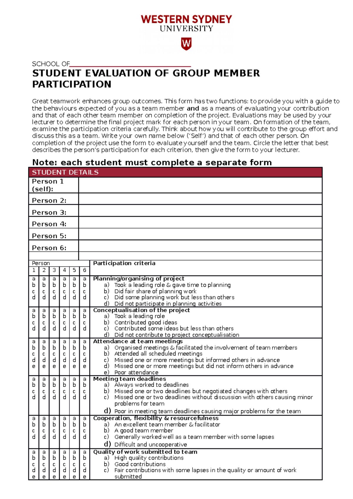 Student Evaluationof Group Members Sheet WSU - SCHOOL OF STUDENT ...