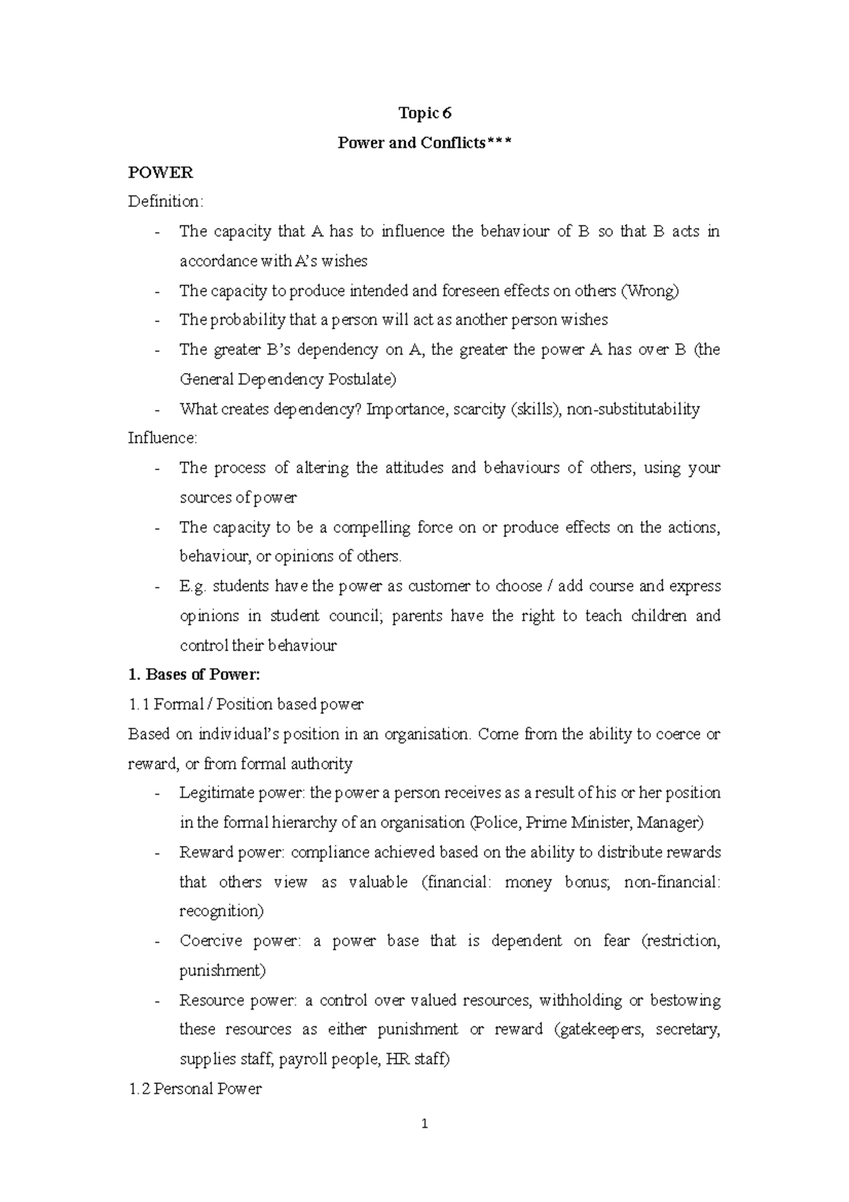 Lecture notes, Topic 6 - power and conflicts - Topic 6 Power and ...