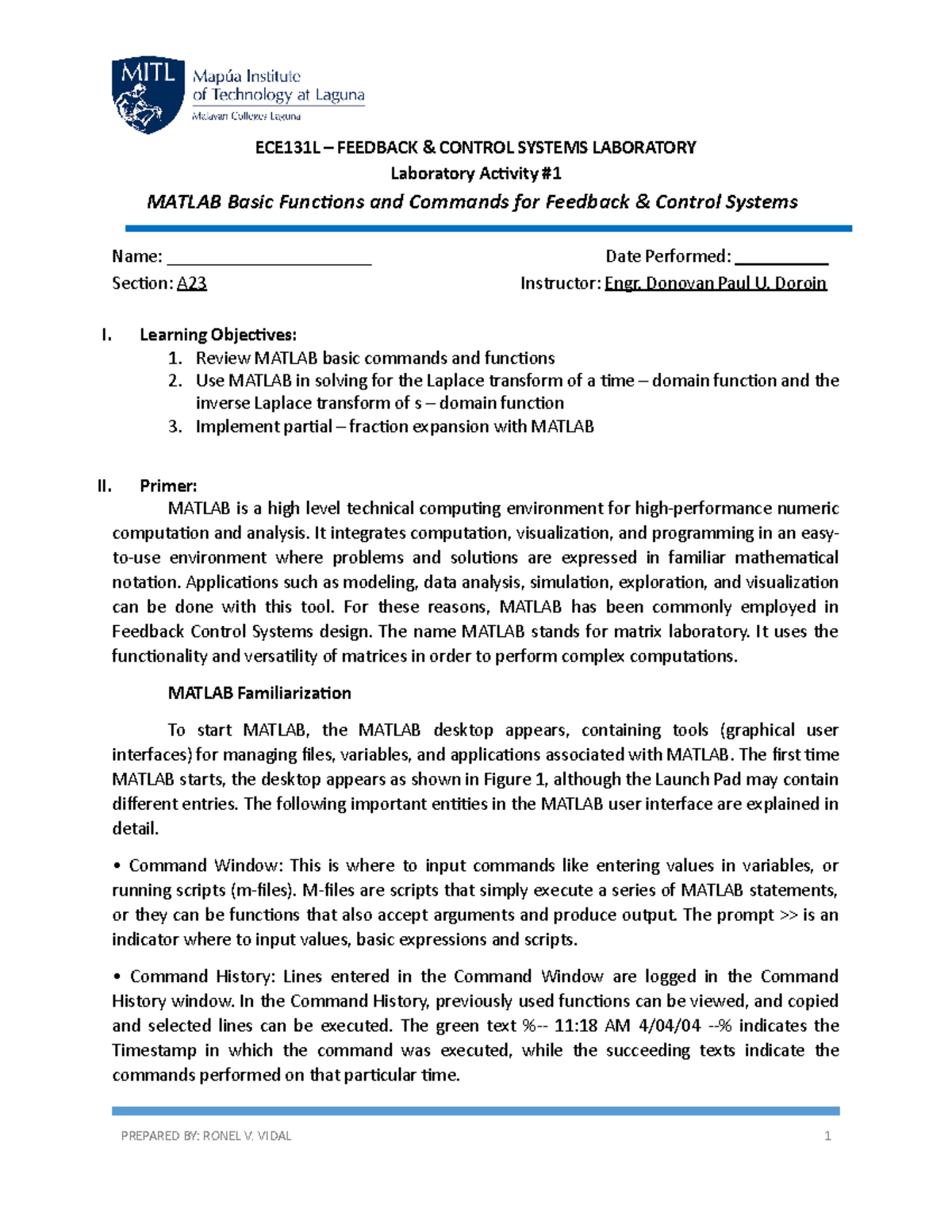 Activity-1 - Activity 1 - ECE131L – FEEDBACK & CONTROL SYSTEMS LABORATORY Laboratory Activity ...