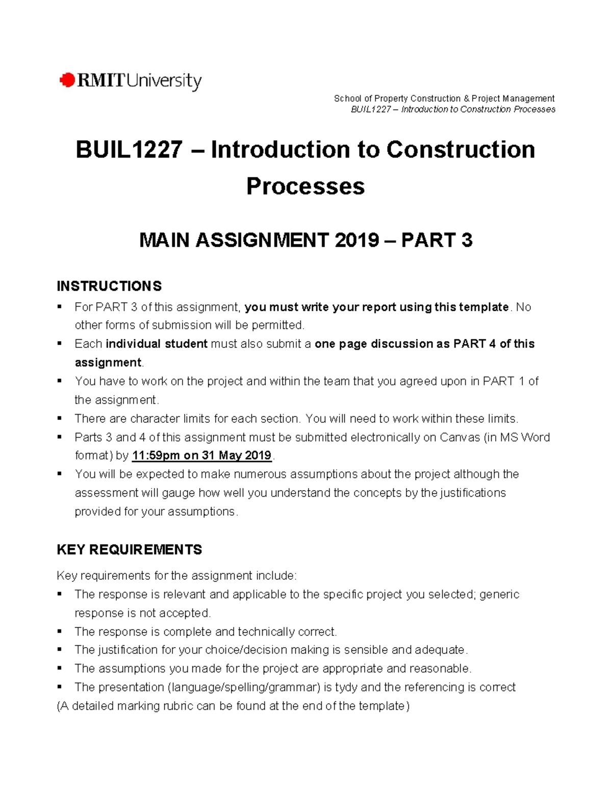 Assignment 1 2019-2020 Construction Processes RMIT - School of Property ...
