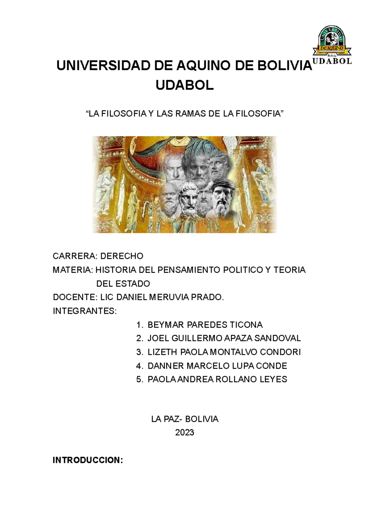 Qué es filosofía - UNIVERSIDAD DE AQUINO DE BOLIVIA UDABOL “LA ...