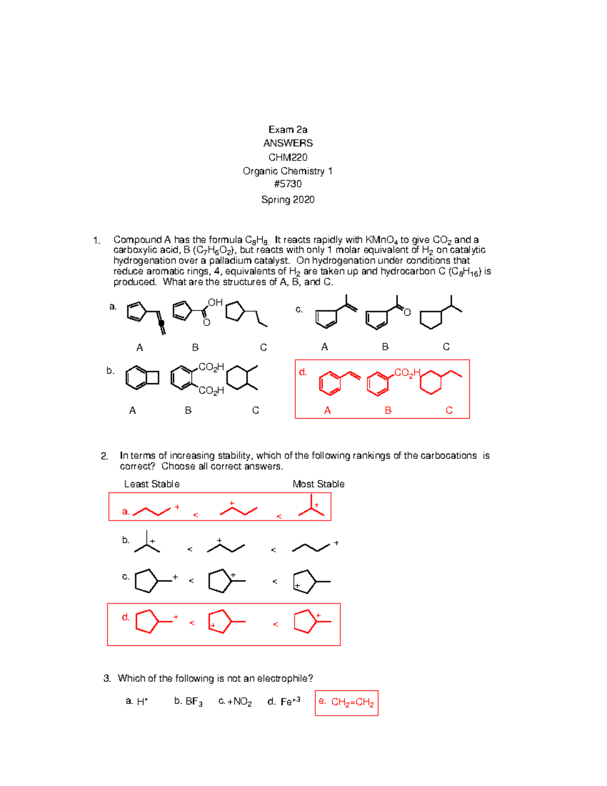 Practice Exam 2 Answers - Exam 2a CHM Organic Chemistry 1 Spring 2020 ...
