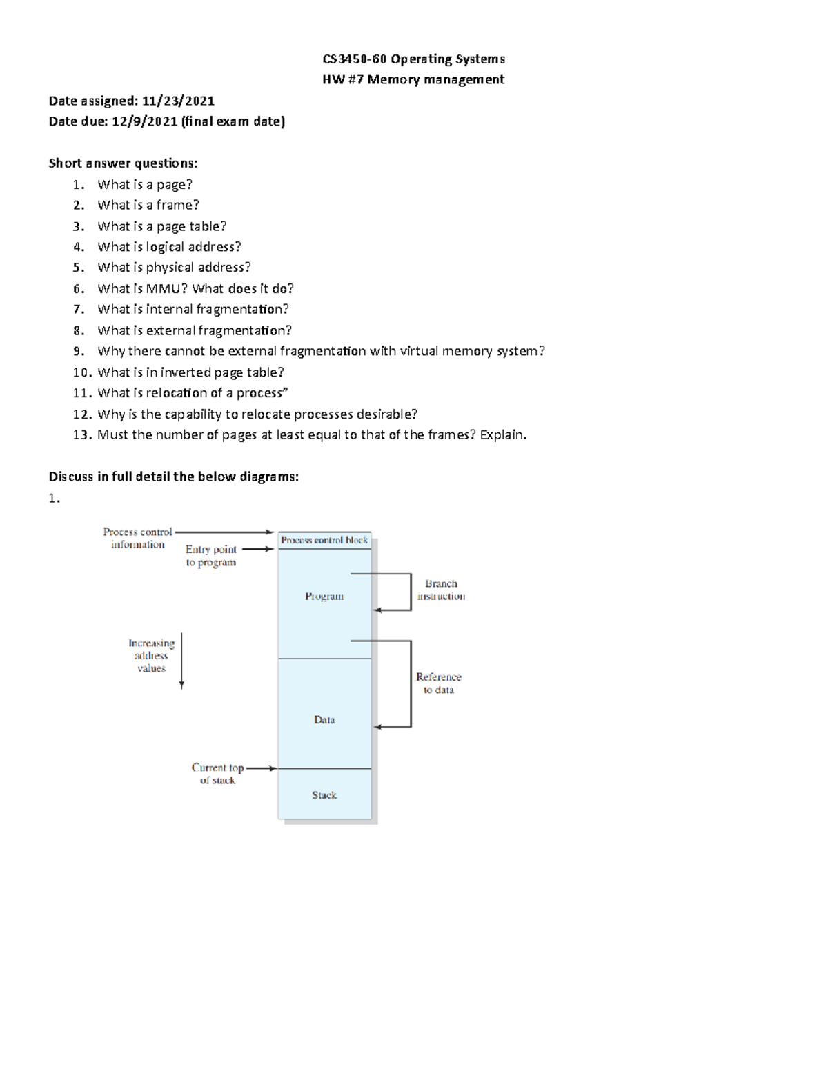 Homework 7 Memory Cs3450 60 Operating Systems Hw 7 Memory Management Date Assigned 11 23