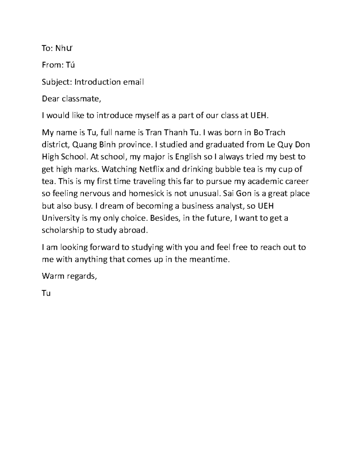 Introduction email - To: Như From: Tú Subject: Introduction email Dear ...
