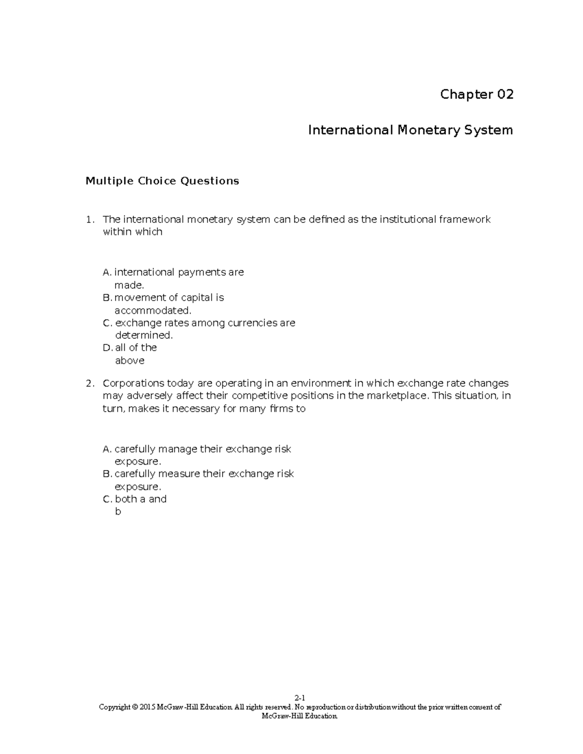TBChap 002 - Chapter 02 International Monetary System Multiple Choice ...