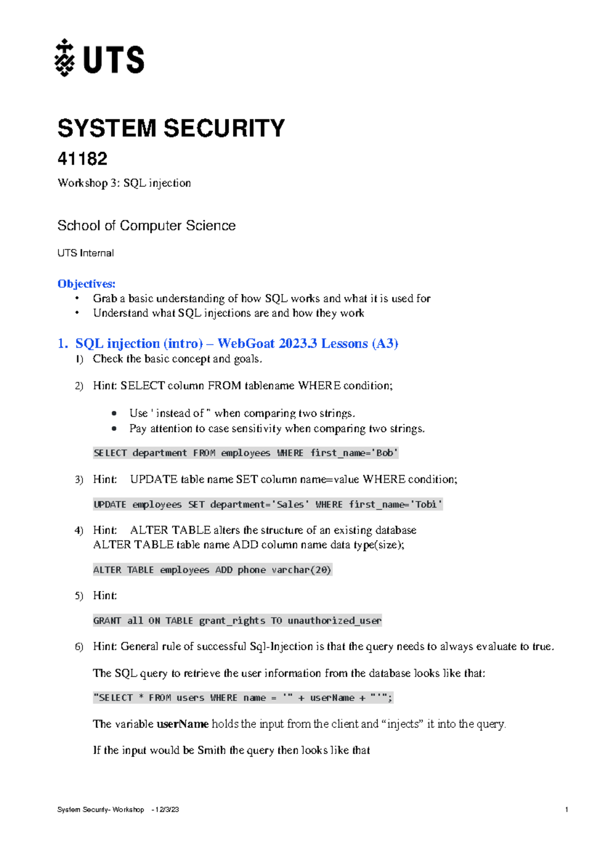 Workshop 3-SQL injection-20230312 - SYSTEM SECURITY 41182 Workshop 3 ...