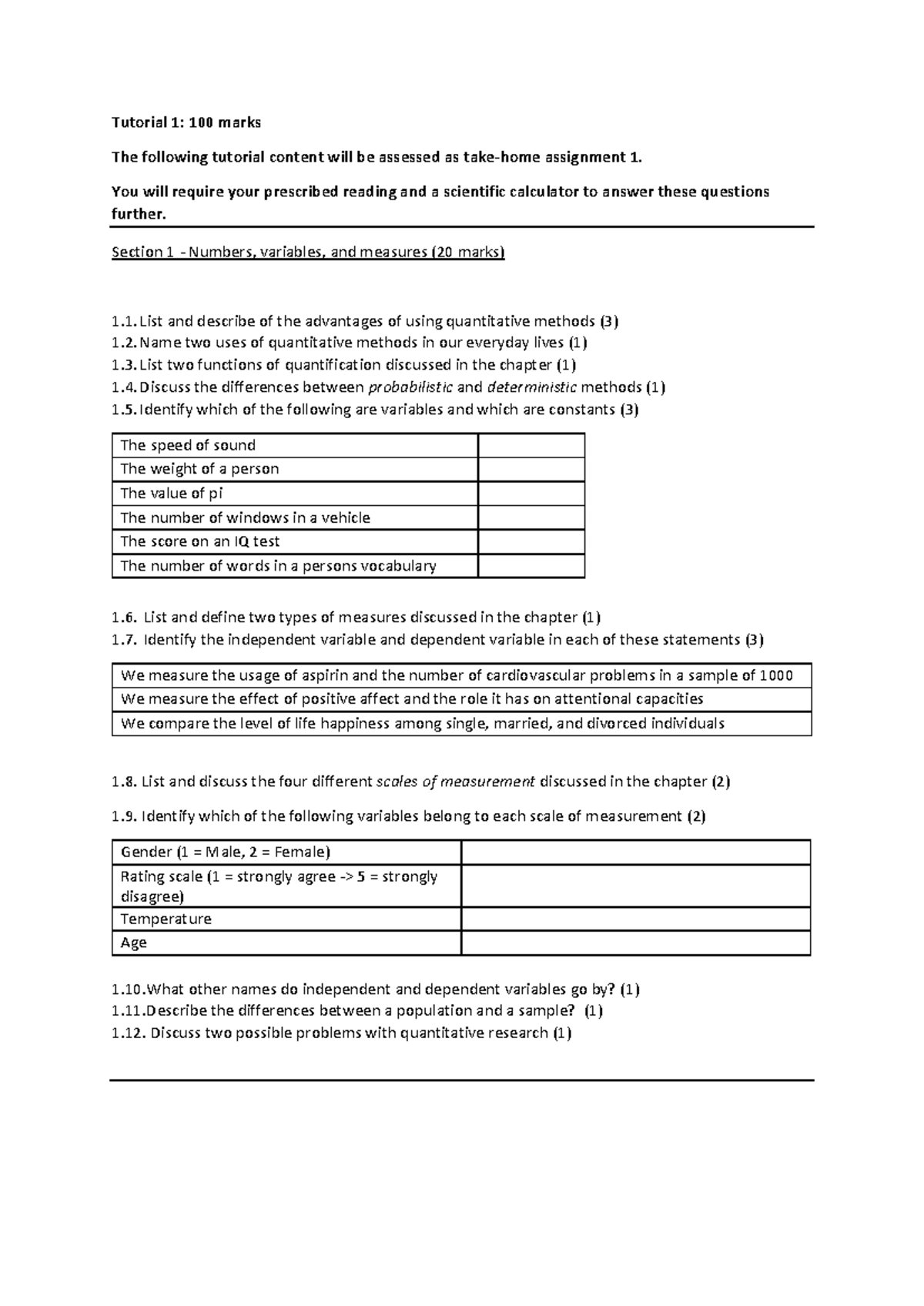 Tutorial 1 - Tutorial 1: 100 marks The following tutorial content will be assessed as take-home ...