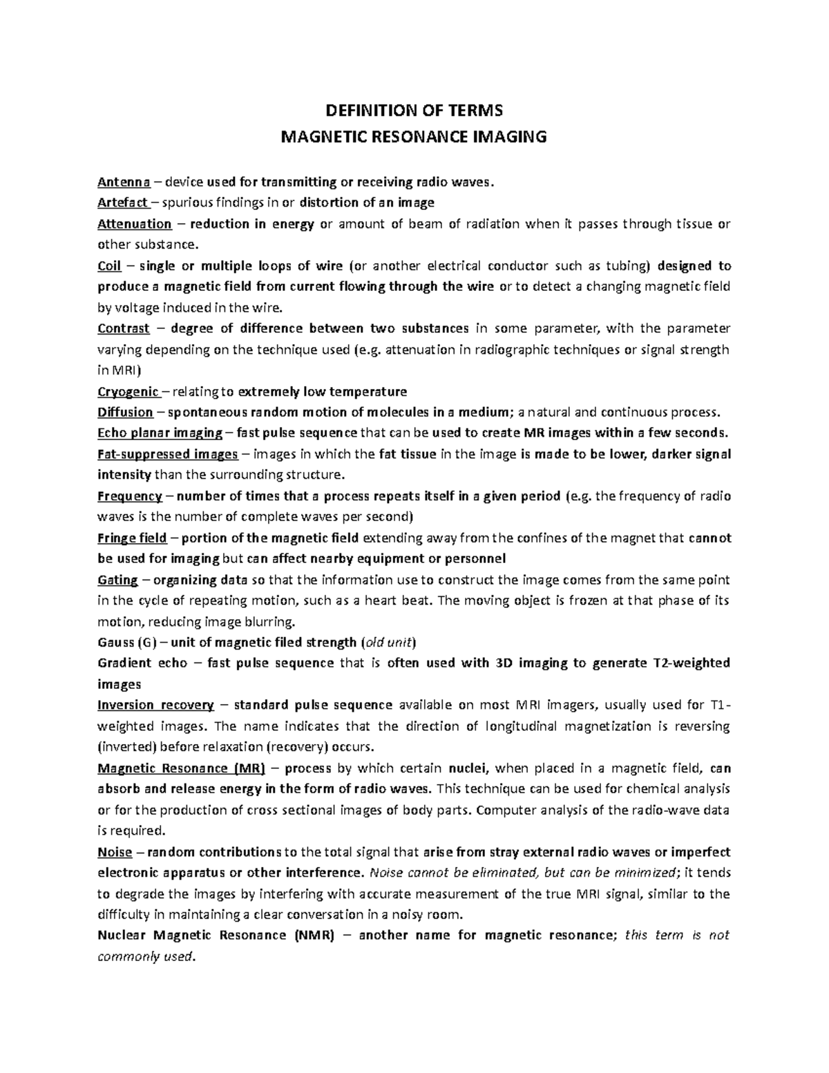 Terms - MRI - Reviewer - DEFINITION OF TERMS MAGNETIC RESONANCE IMAGING ...