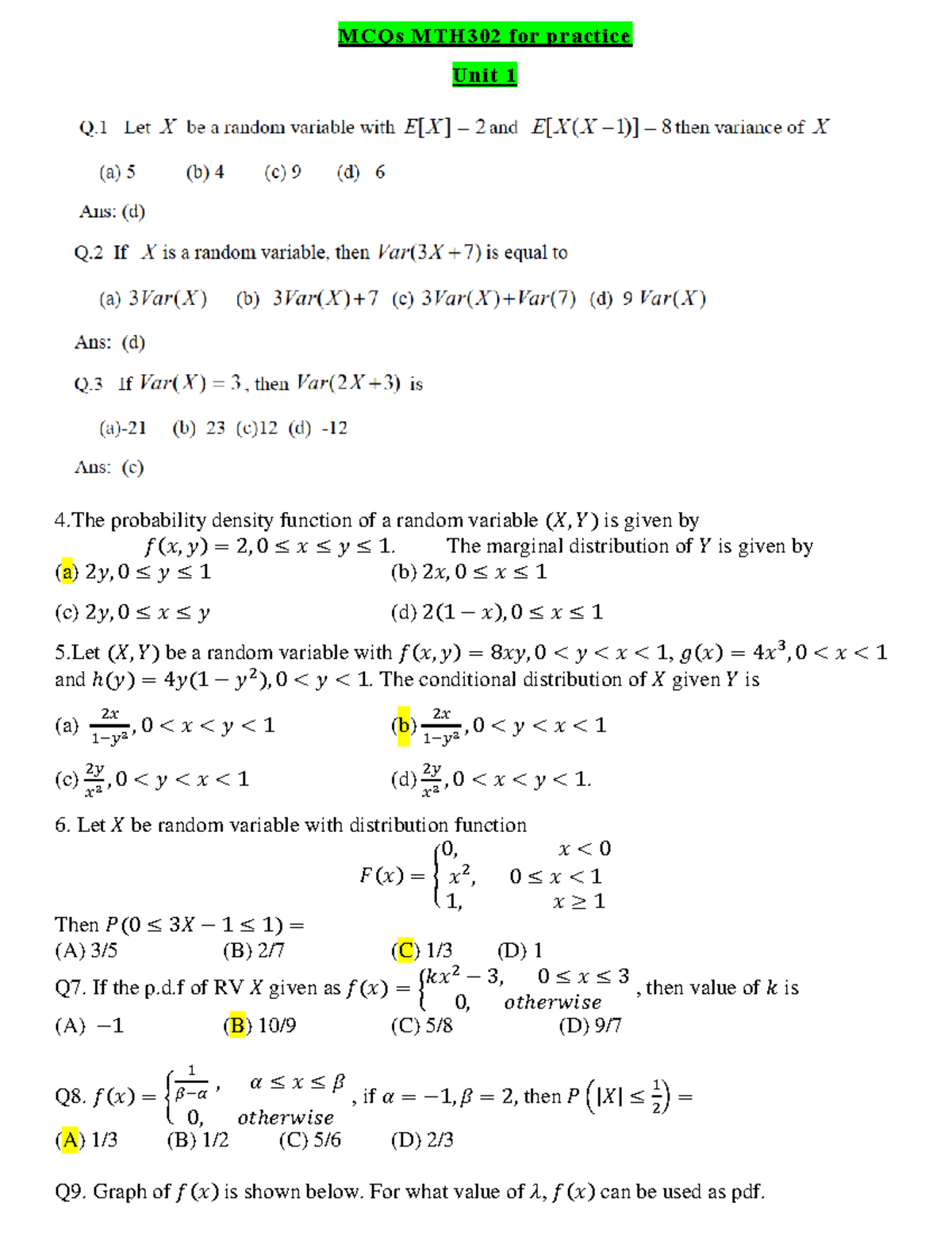 MCq mth302 with ans - MCQs MTH302 for practice Unit 1 4 probability ...