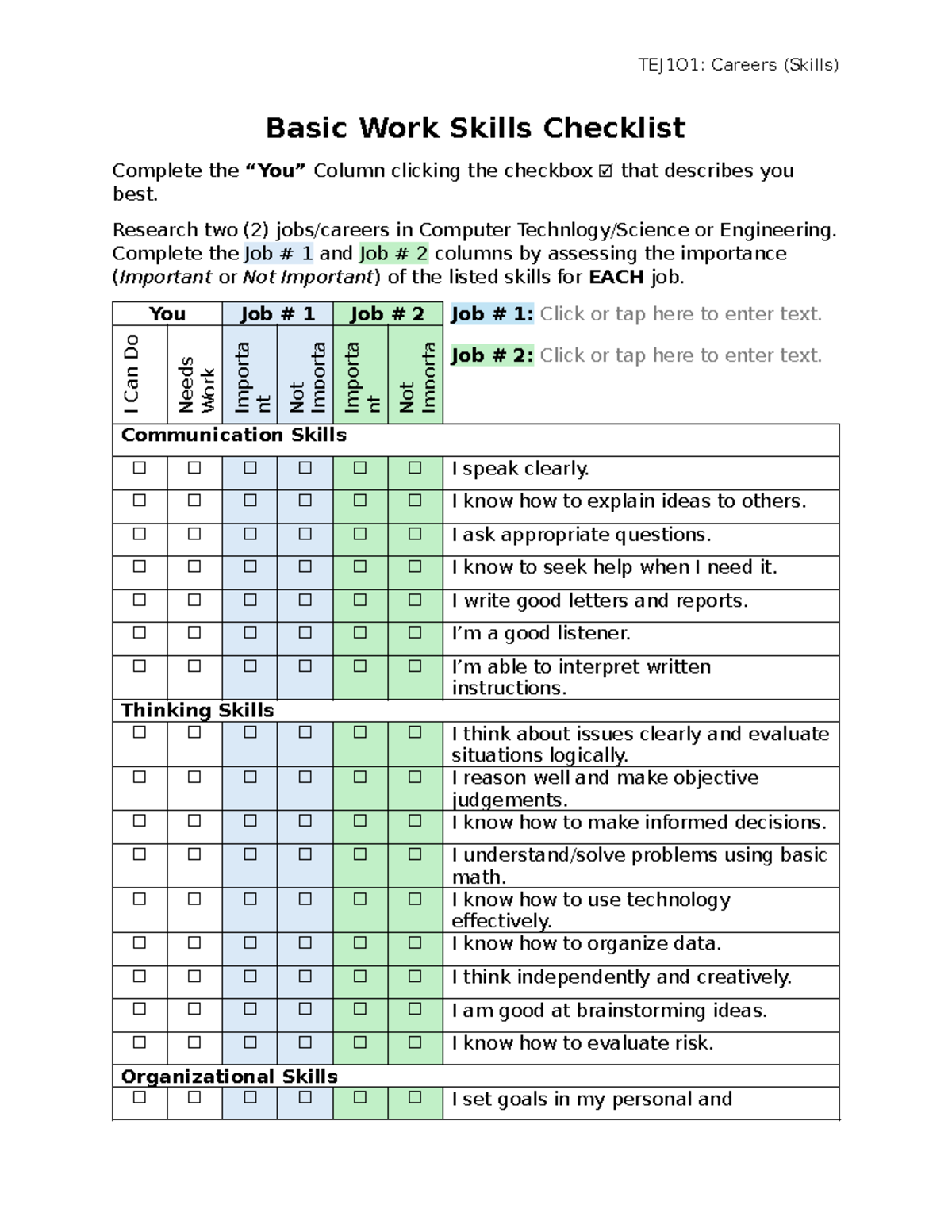 Basic Work Skills Checklist (WORD) - TEJ1O1: Careers (Skills) Basic ...
