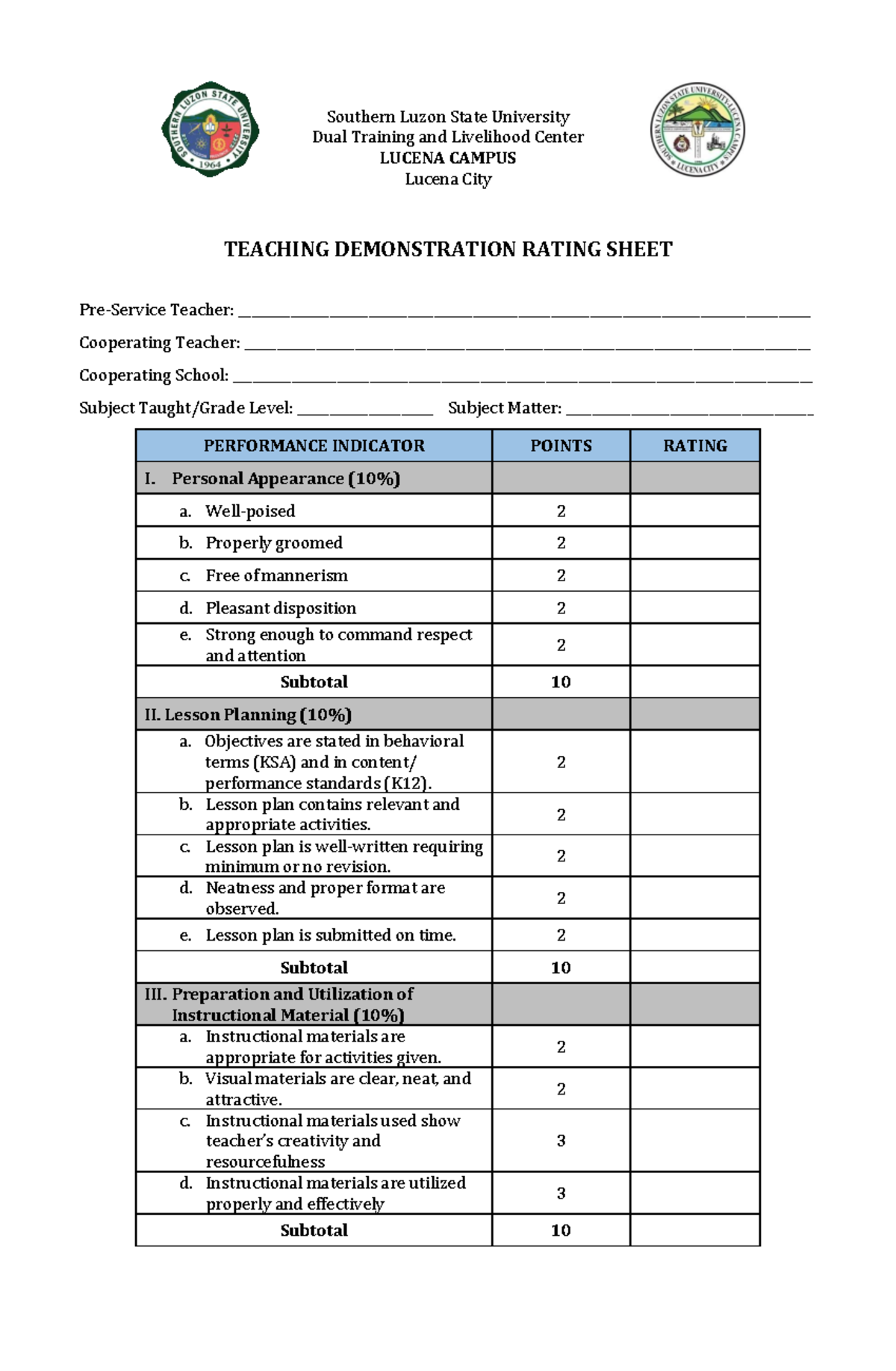 Teaching DEMO Rating Sheet 1 - Southern Luzon State University Dual ...