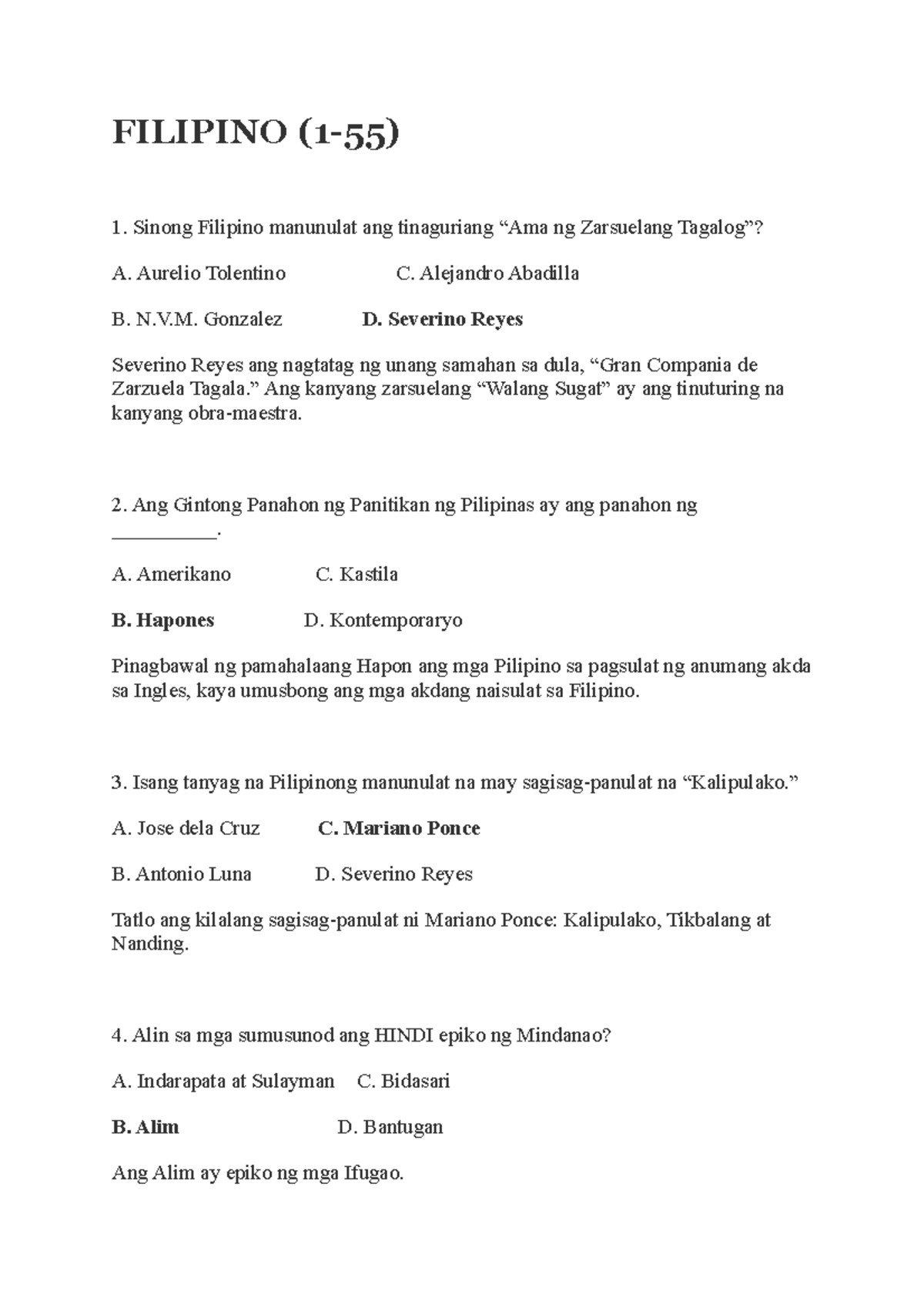 Filipino Second DAY Answer KEY FILIPINO 1 55 Sinong Filipino