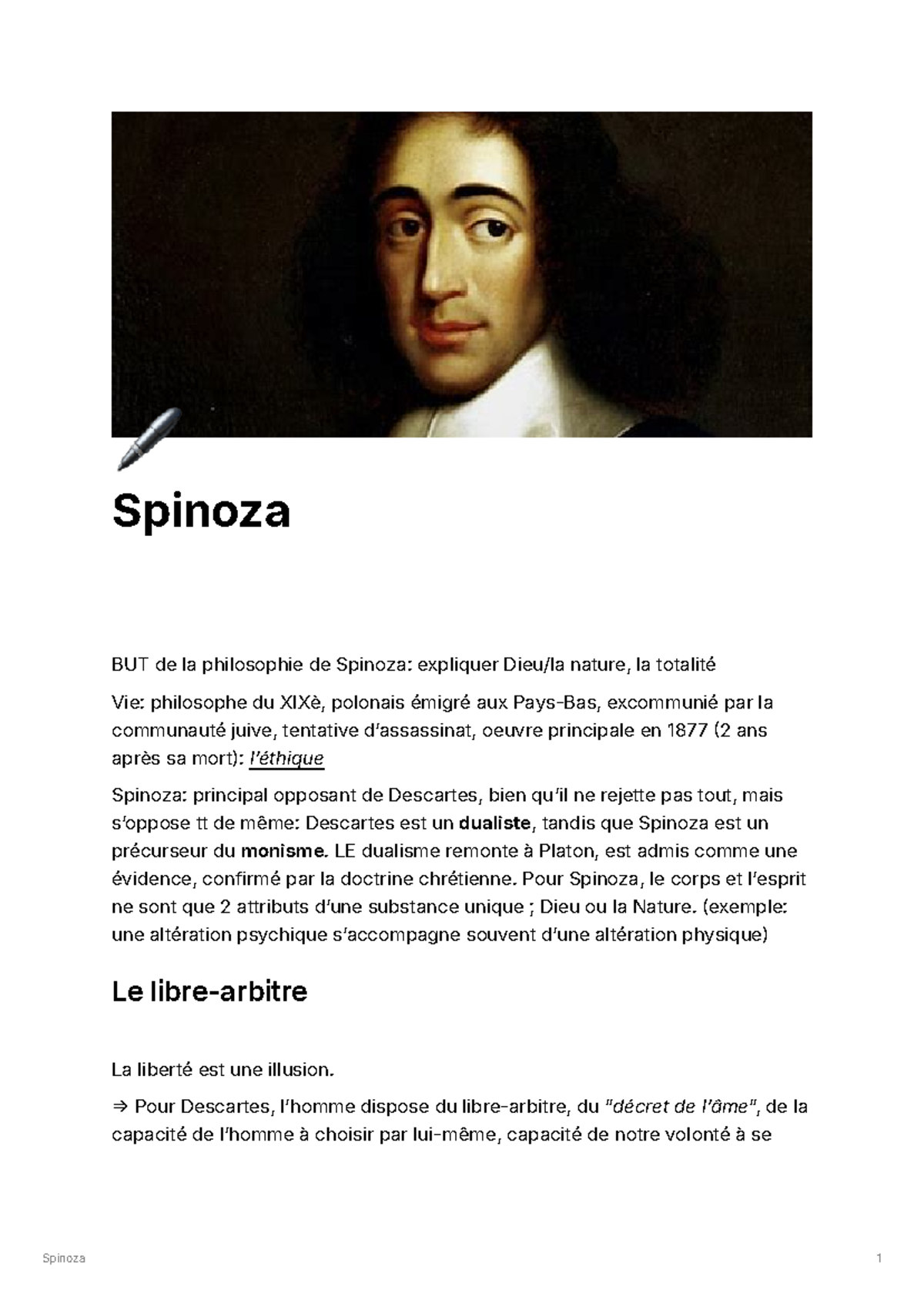 Fiche philo - Spinoza - Spinoza 1 🖊 Spinoza BUT de la philosophie de Spinoza: expliquer Dieu/la ...