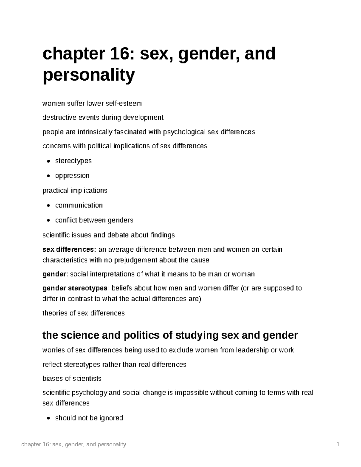 Textbook Notes-Chapter 16: Gender and Personality - chapter 16: sex ...