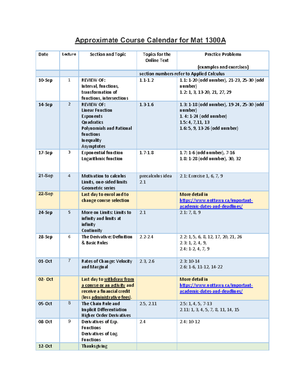 MAT 1300- Fall 2020 Course Calendar/Syllabus - Approximate Course ...