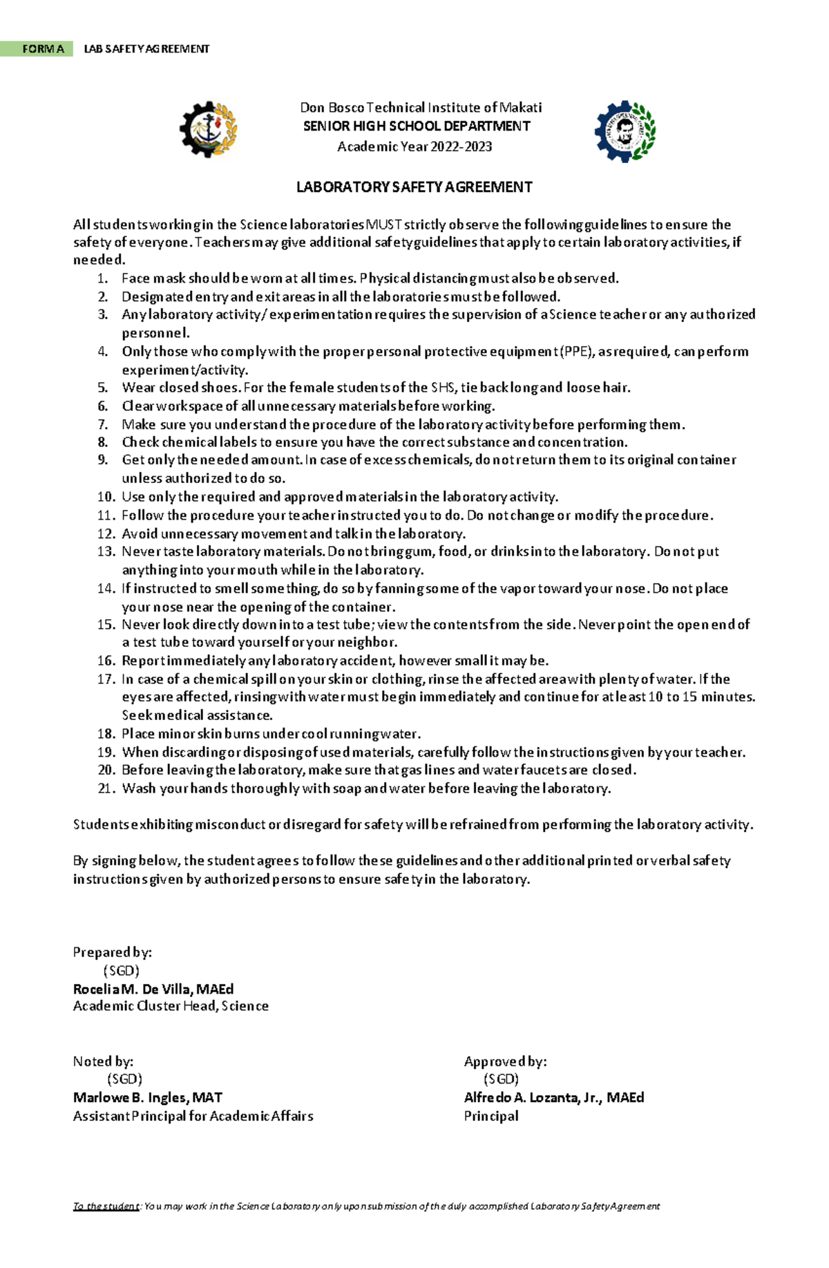 Form A Lab Agreement - not mine - To the student: You may work in the ...
