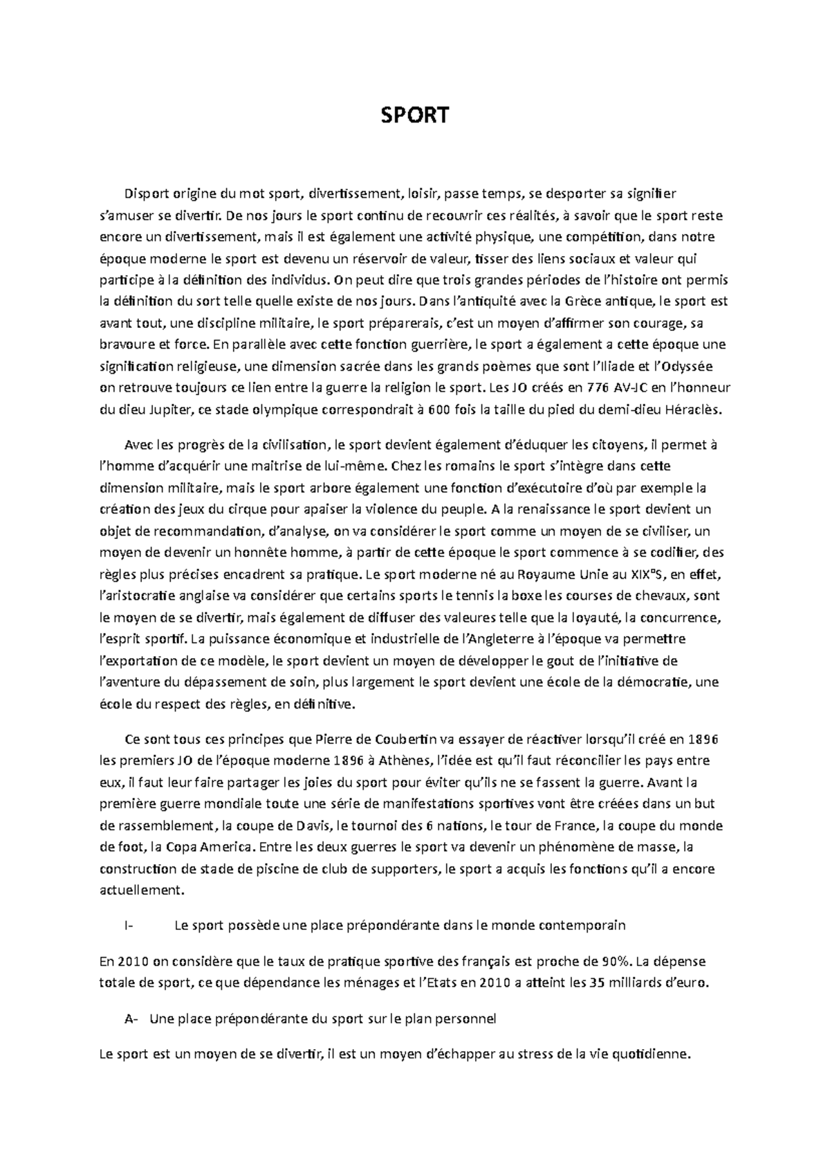 Cours 11 Sport - SPORT Disport origine du mot sport, divertissement ...