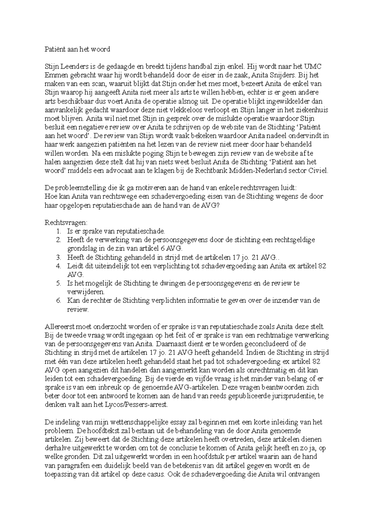 Eigen Schrijfplan Studentenrechtbank December 2020 - Patiënt aan het ...