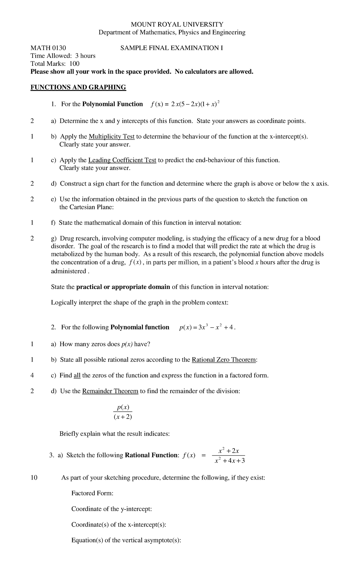 Sample Final Exam I fall 2013 (1)(1) - MOUNT ROYAL UNIVERSITY ...