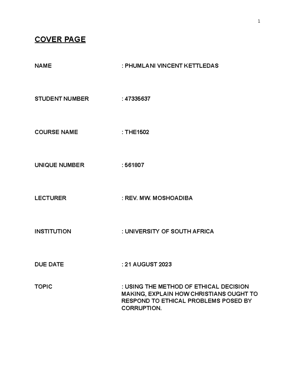 THE 1502 Assessment 2 - own assignement - COVER PAGE NAME : PHUMLANI ...